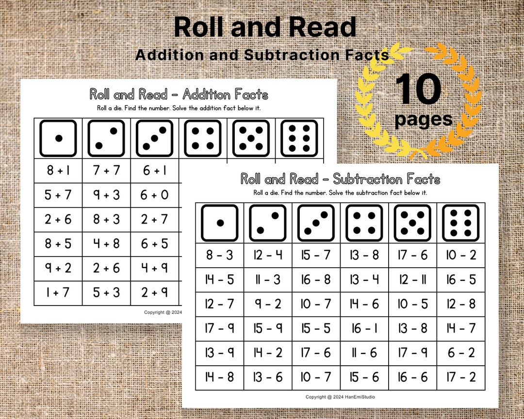 10- Page Roll and Read Addition and Subtraction Math Facts; Math Games ...