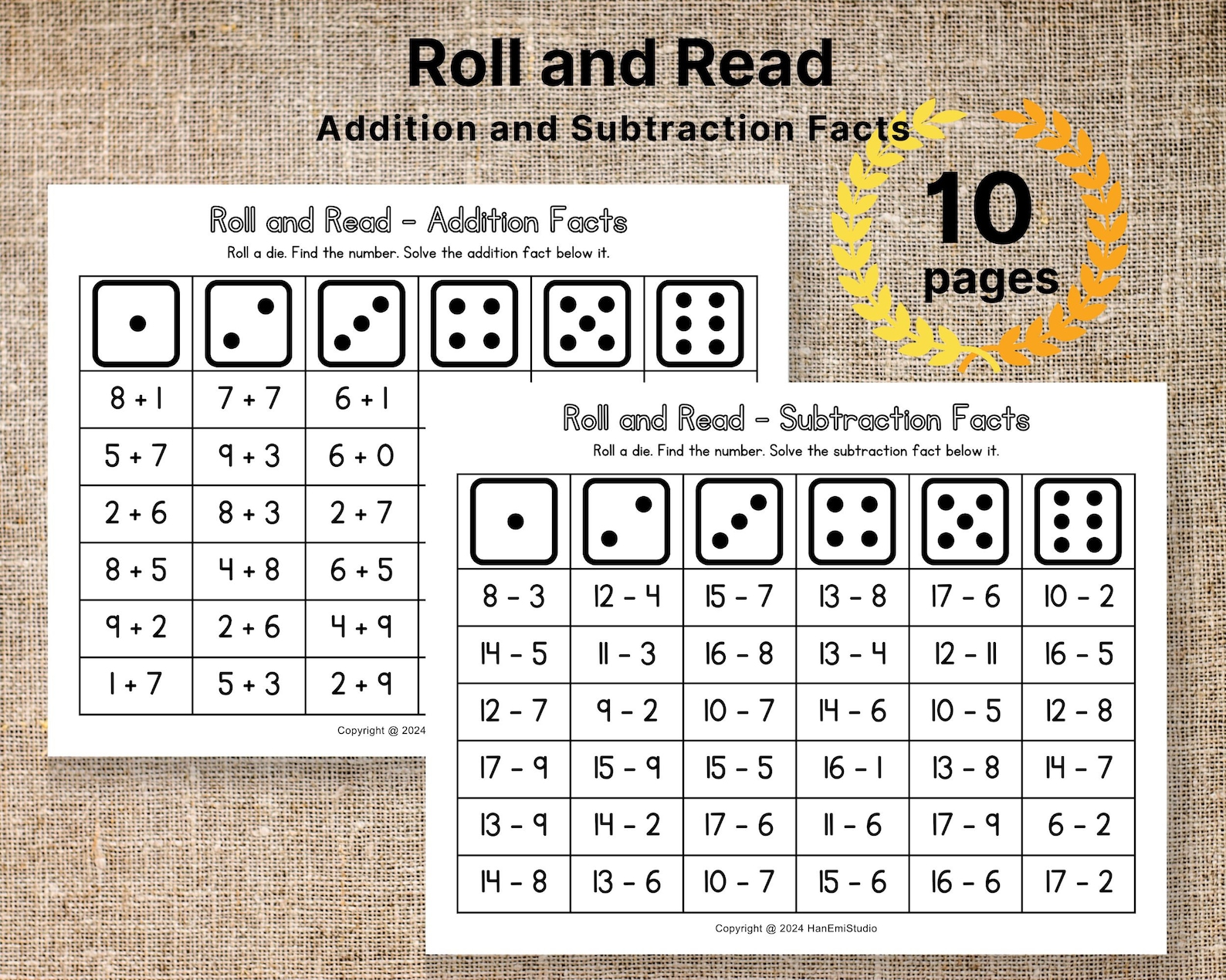 10- Page Roll and Read Addition and Subtraction Math Facts; Math Games ...