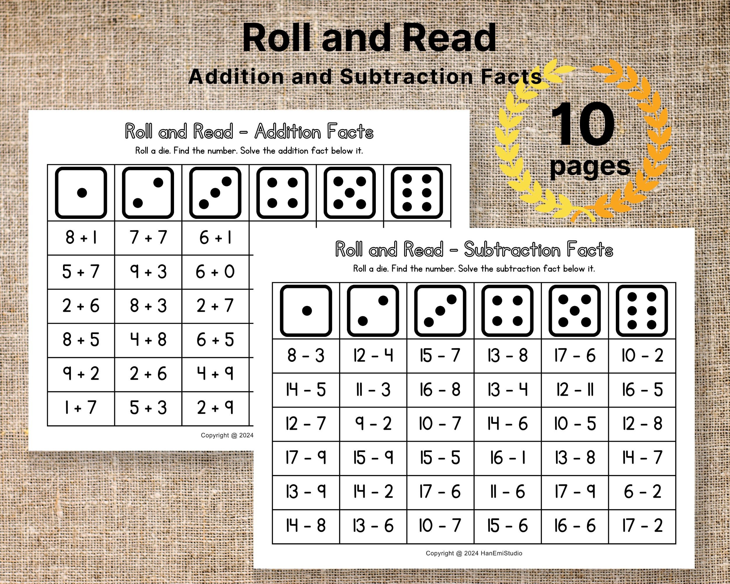 10- Page Roll and Read Addition and Subtraction Math Facts; Math Games ...