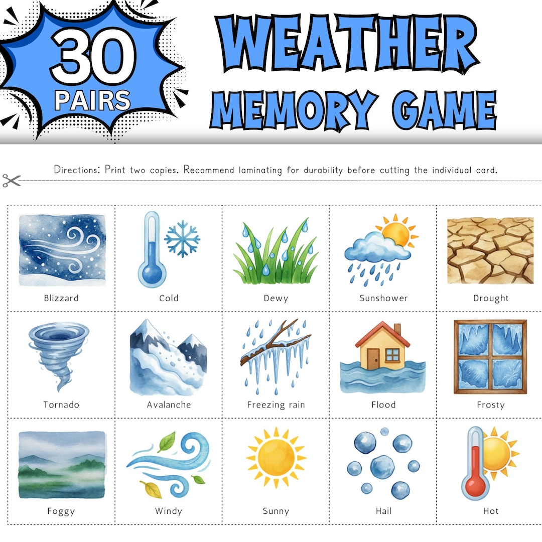 Weather Memory Game; Watercolor Matching Cards; Spring Memory Game ...