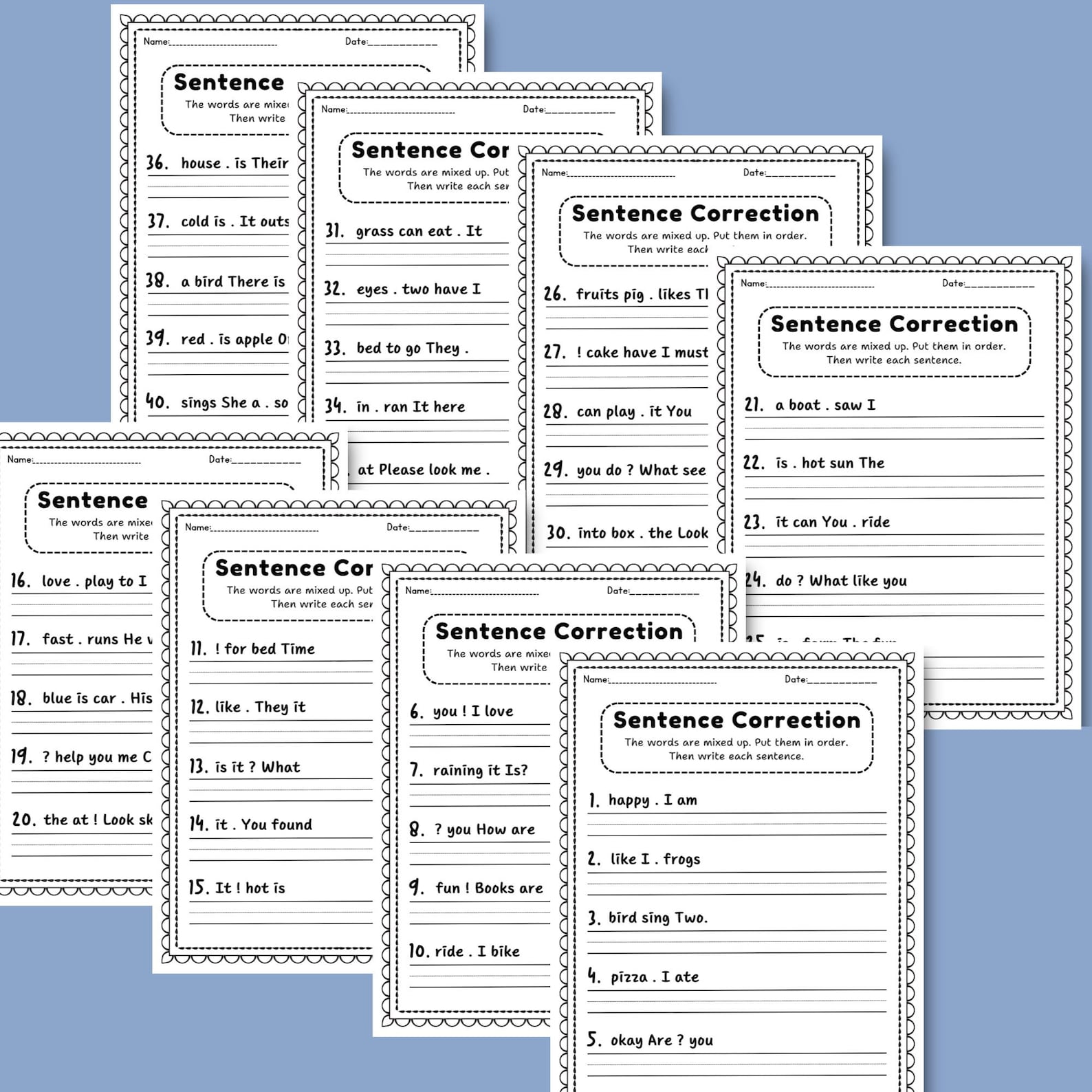 20 Sentence Correction Worksheets for Ages 5-7 (kindergarten, 1st Grade ...