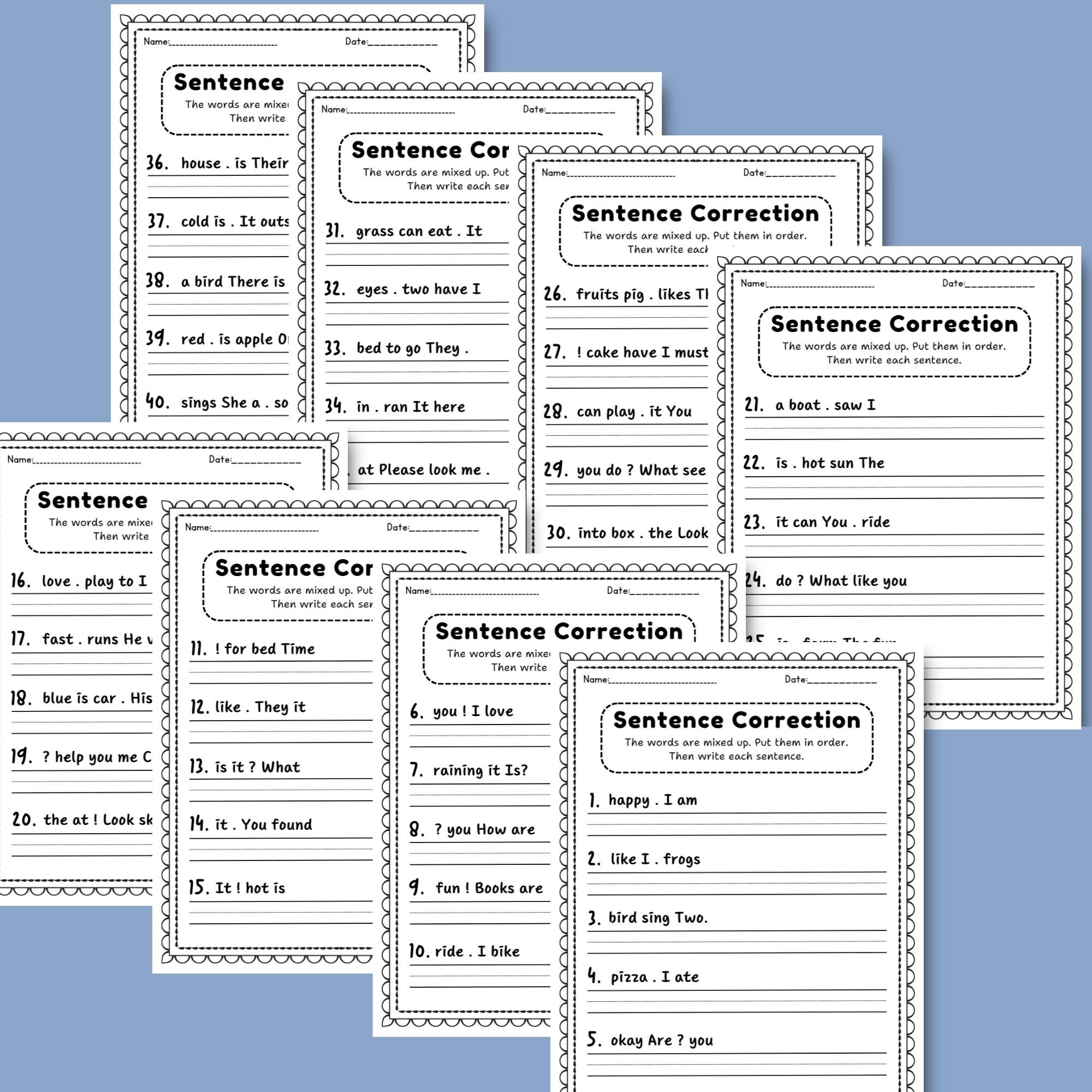 20 Sentence Correction Worksheets for Ages 5-7 (kindergarten, 1st Grade ...