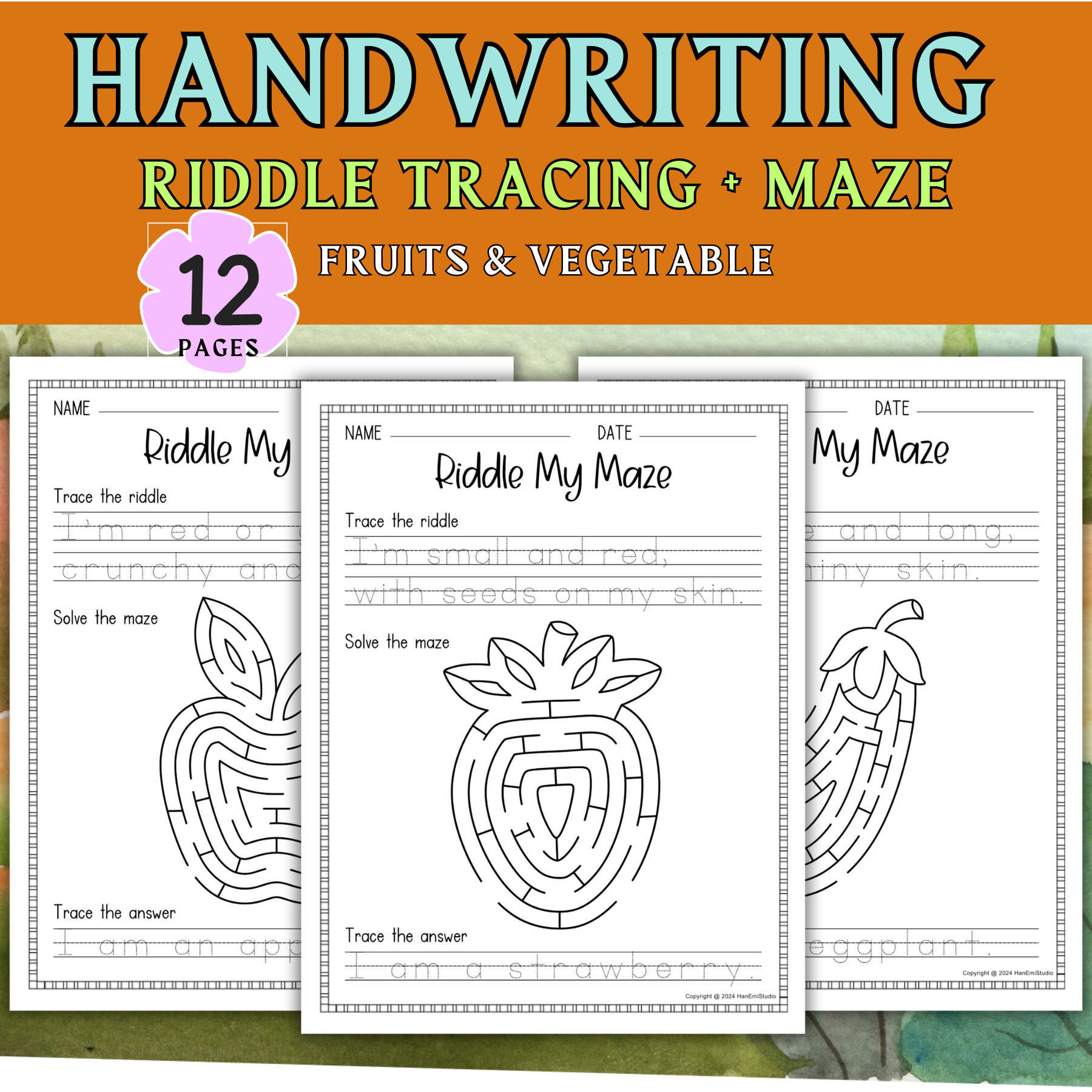 Riddle Tracing and Maze Game for Kids; Fruits and Vegetable Theme ...