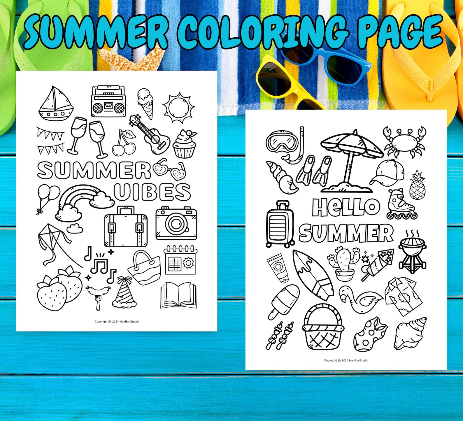4 Summer Coloring Page for Kids; Printable Coloring Book; Kids Coloring ...