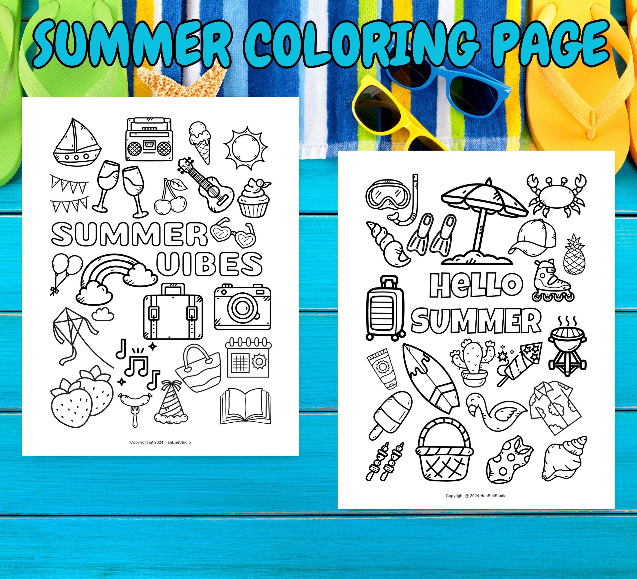 4 Summer Coloring Page for Kids; Printable Coloring Book; Kids Coloring ...