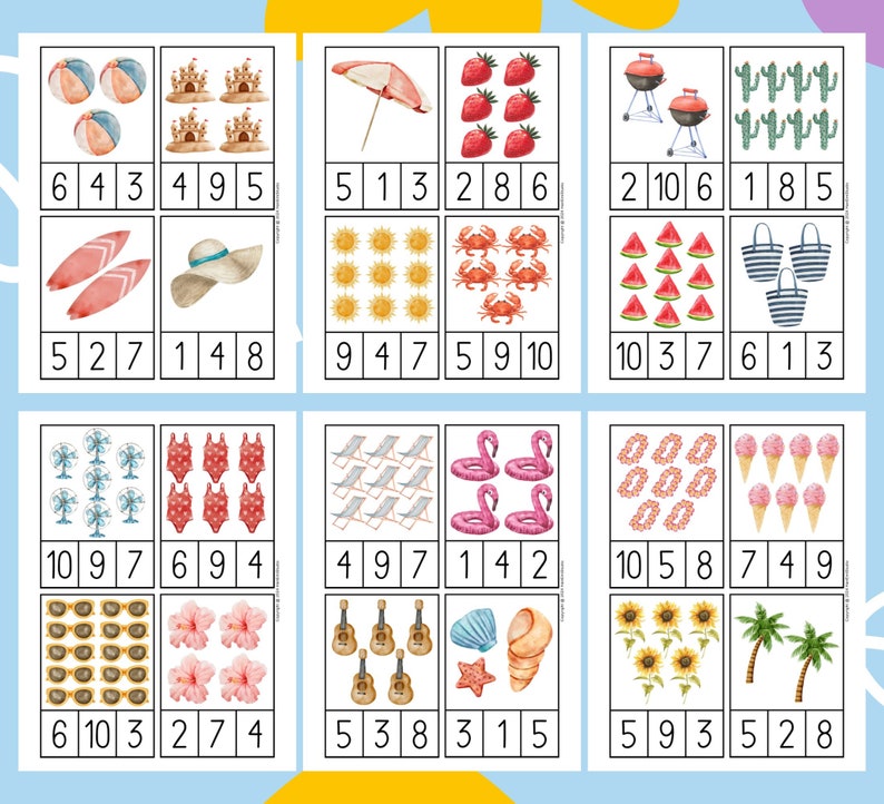 10-page Summer Counting Clip Cards Numbers 1 10 for Preschoolers and ...
