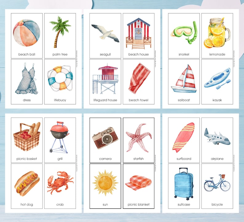 68 Watercolor Summer Vocabulary Flashcards for Kids; Kids Learning ...