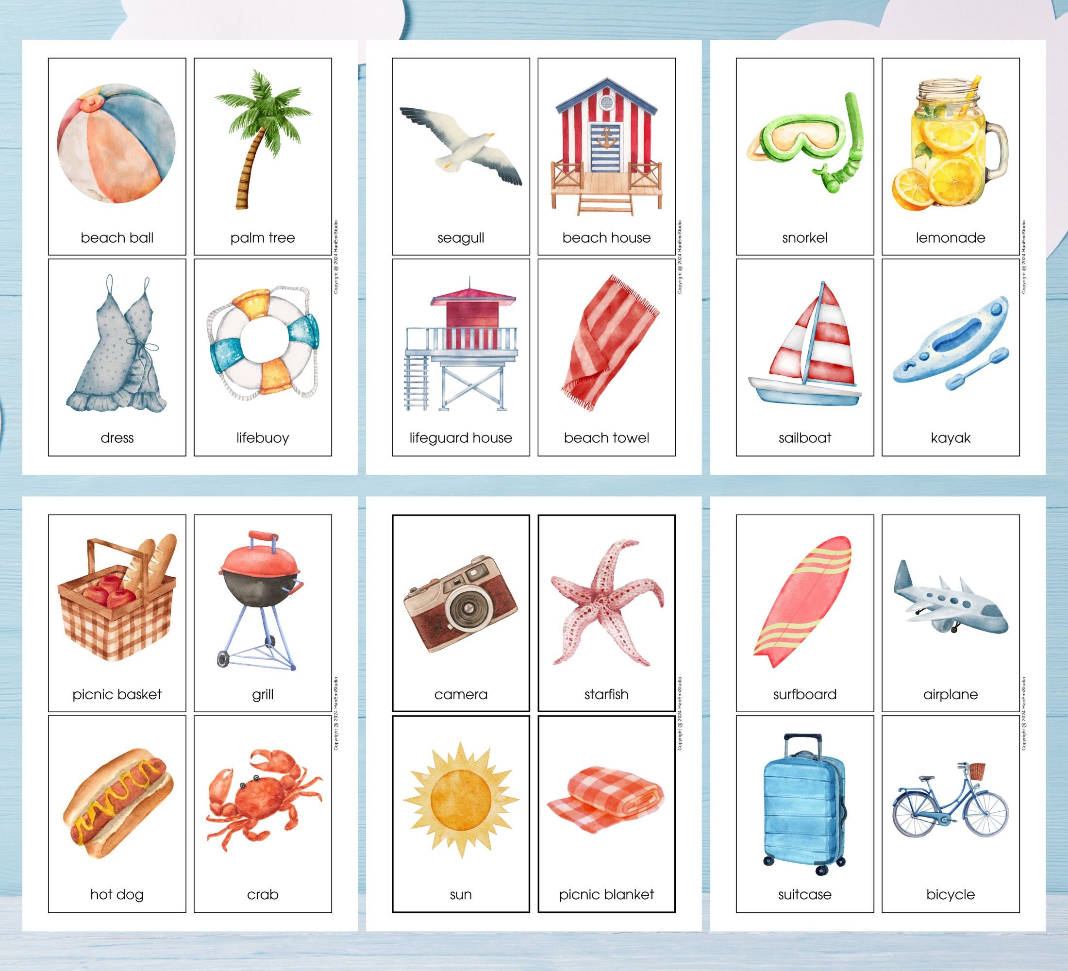 68 Watercolor Summer Vocabulary Flashcards for Kids; Kids Learning ...