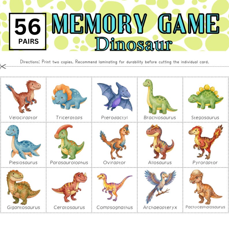 Dinosaur Memory Match Game; Preschool Learning Game; Cognitive Game for ...