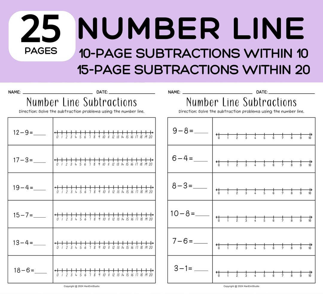 25 Number Line Subtraction Worksheets; Subtractions Within 10 ...