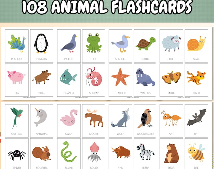 40 Zoo Animals Flashcards Kids Printable Nomenclature Cards ESOL ...