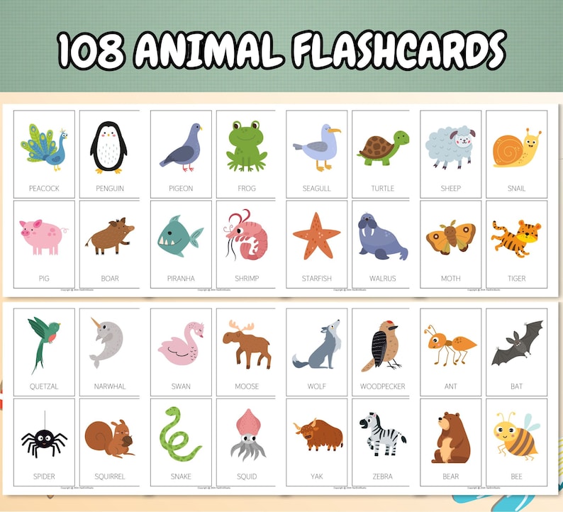 108 Animal Flashcards for Kids; Kids Learning Flash Cards; Preschool ...