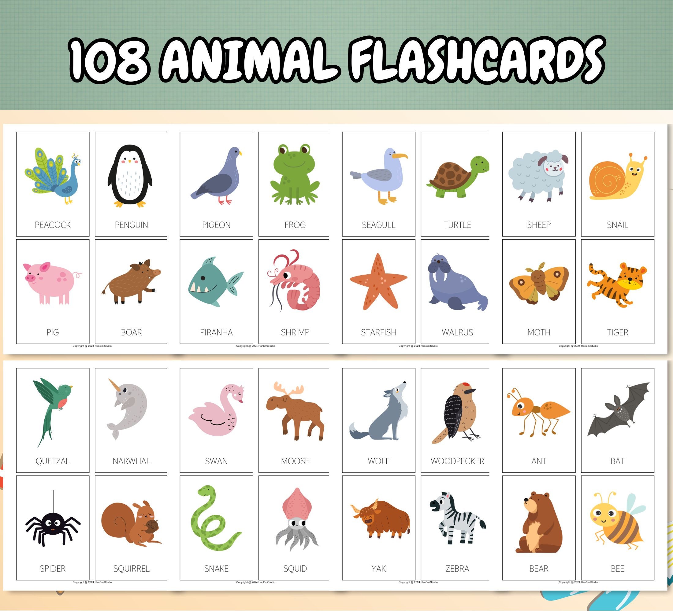 108 Animal Flashcards for Kids; Kids Learning Flash Cards; Preschool ...