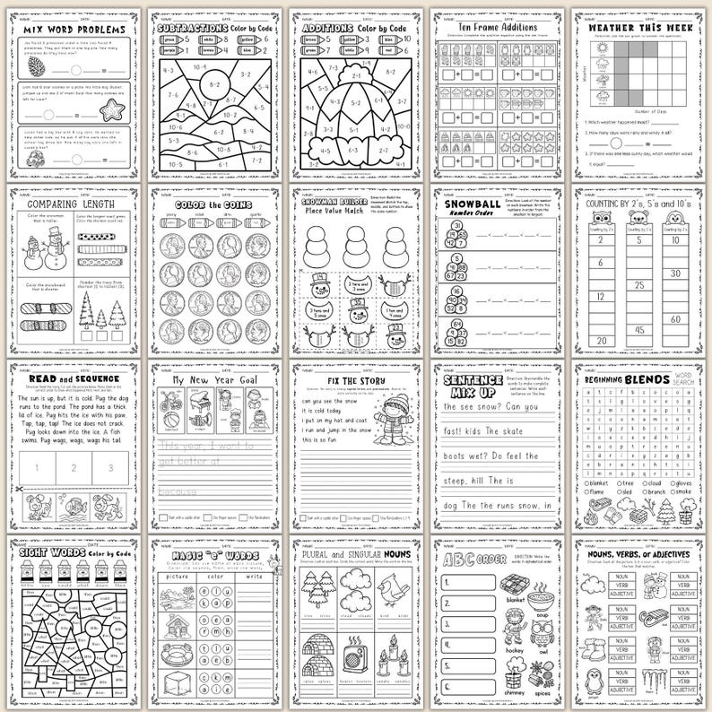 First Grade Winter Review Packet; First Grade Math Worksheets; ELA ...