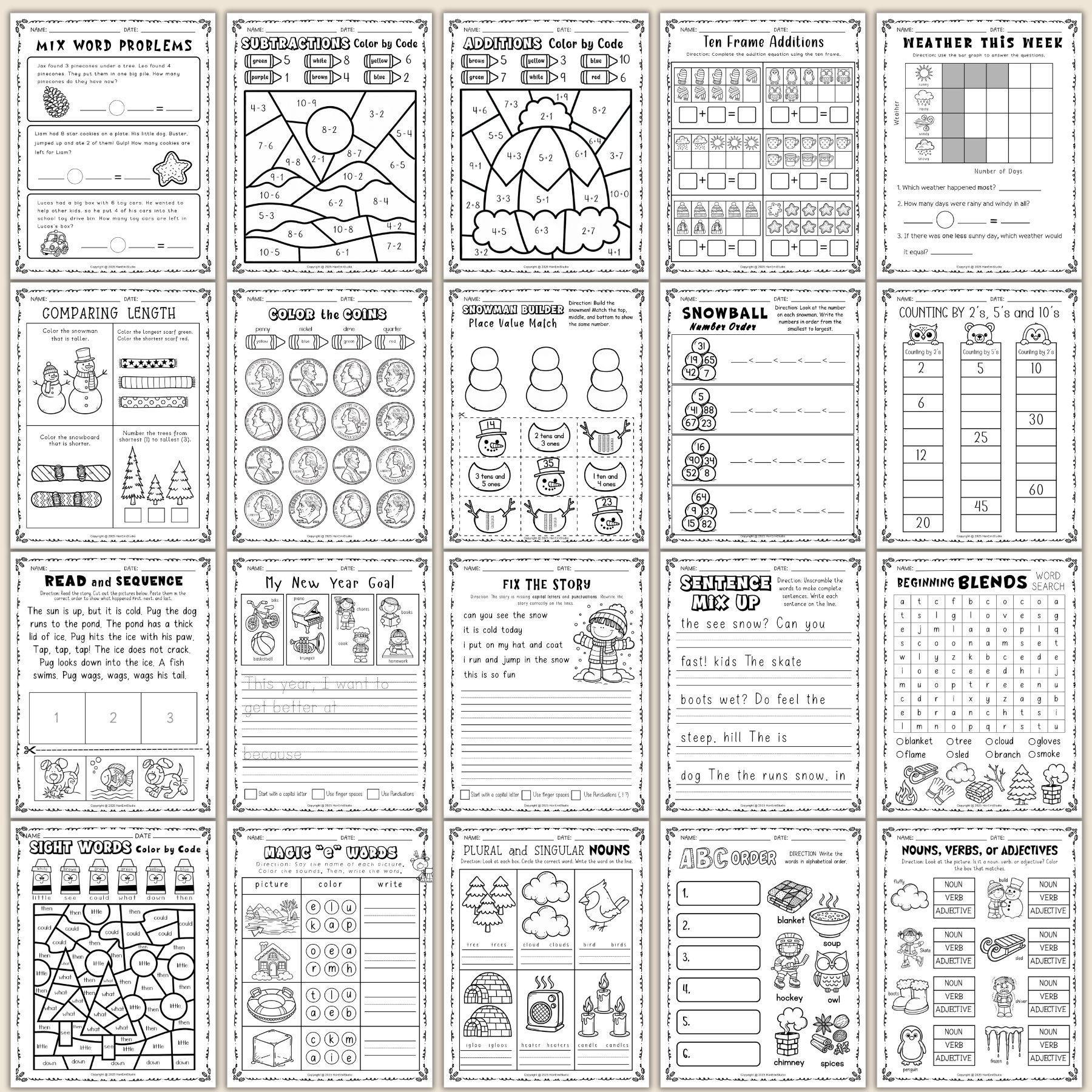 First Grade Winter Review Packet; First Grade Math Worksheets; ELA ...