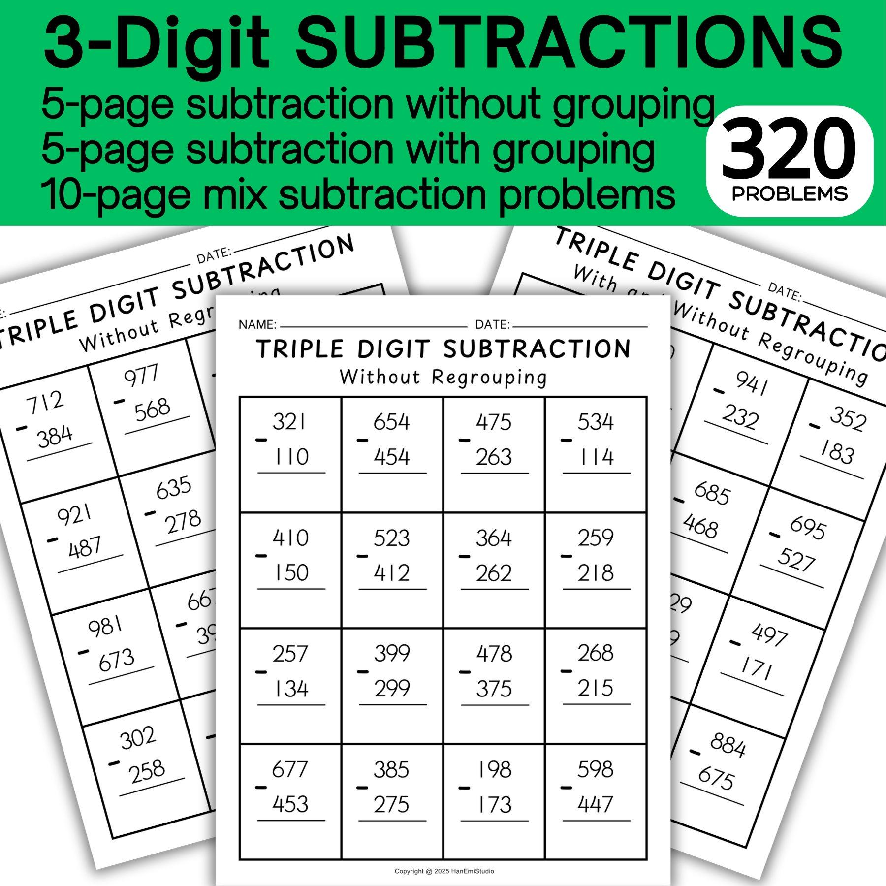 Triple Digit Subtraction Worksheet With and Without Regrouping; 3-digit ...