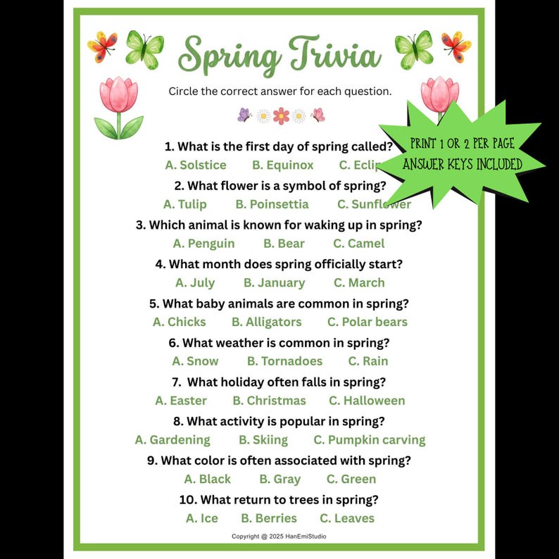 Spring Trivia Printable Game; Spring Quiz Questions With Answers ...