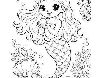 Cute Mermaid Coloring Pages for Kids, 7 Page Ocean Life Bundle ...