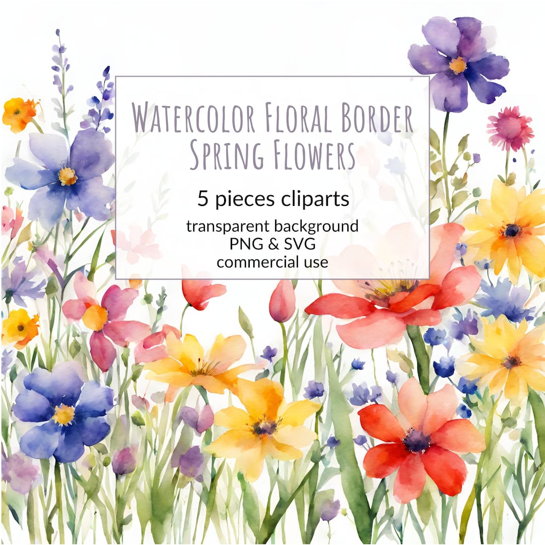 Watercolor Spring Flowers Border Clipart Elements PNG & SVG - Etsy
