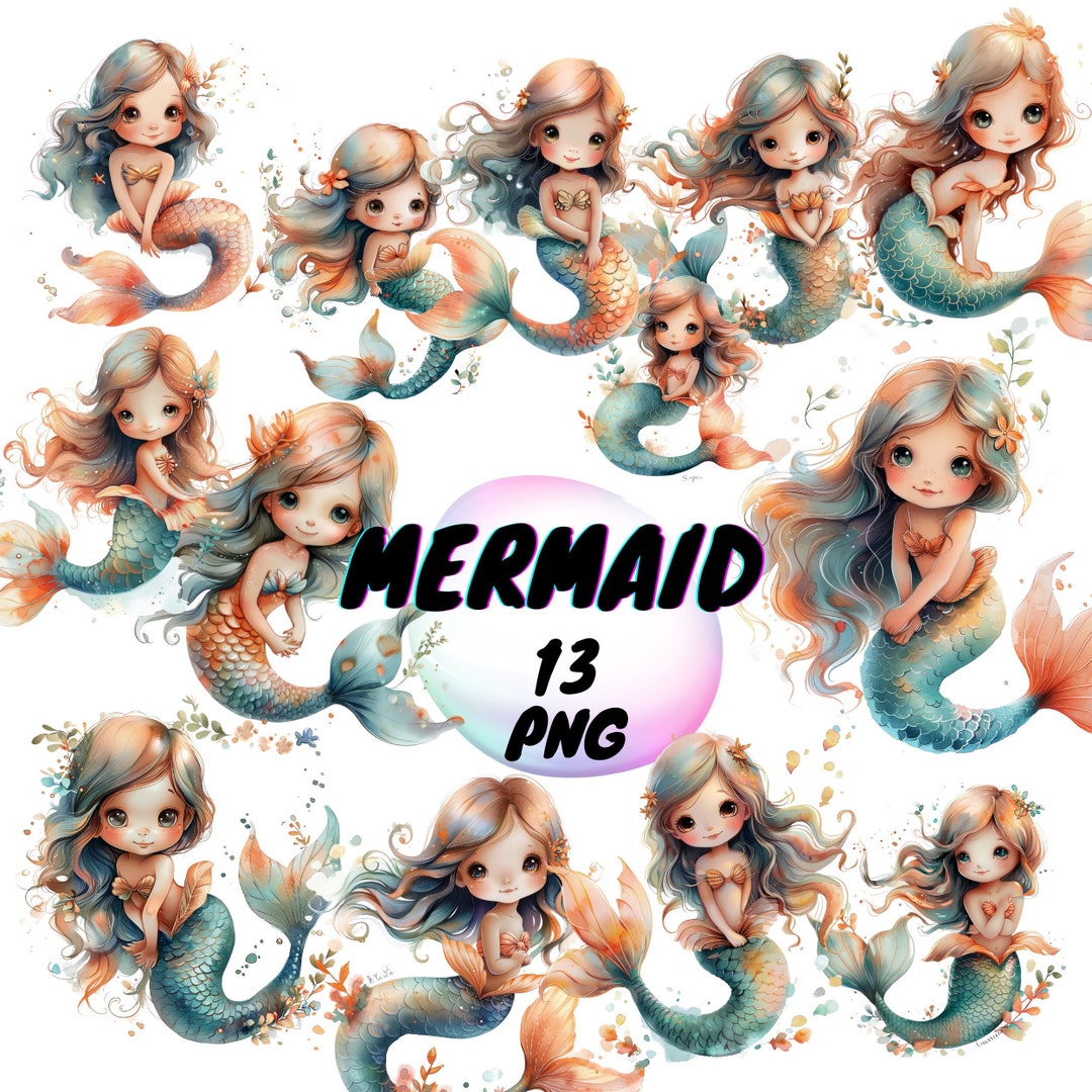 Little Mermaid Watercolor Clipart | 21 PNG Cute Dinosaur PNG Perfect ...