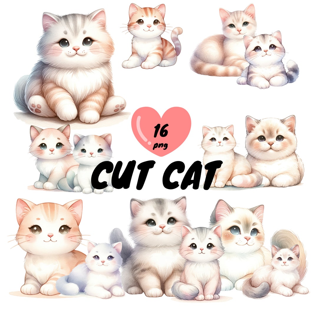 Cats Watercolor Clipart | 16 PNG & JPG Cute Cats PNG Perfect for Card ...