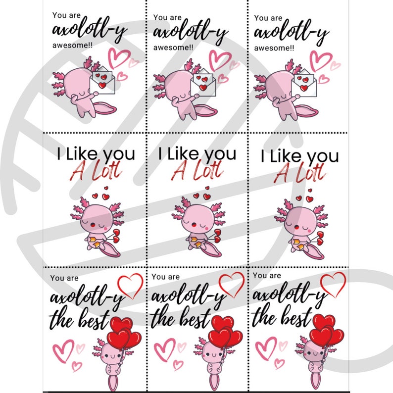 Printable Axolotl Valentine Cards Axolotl Valentines Digital Axolotl ...