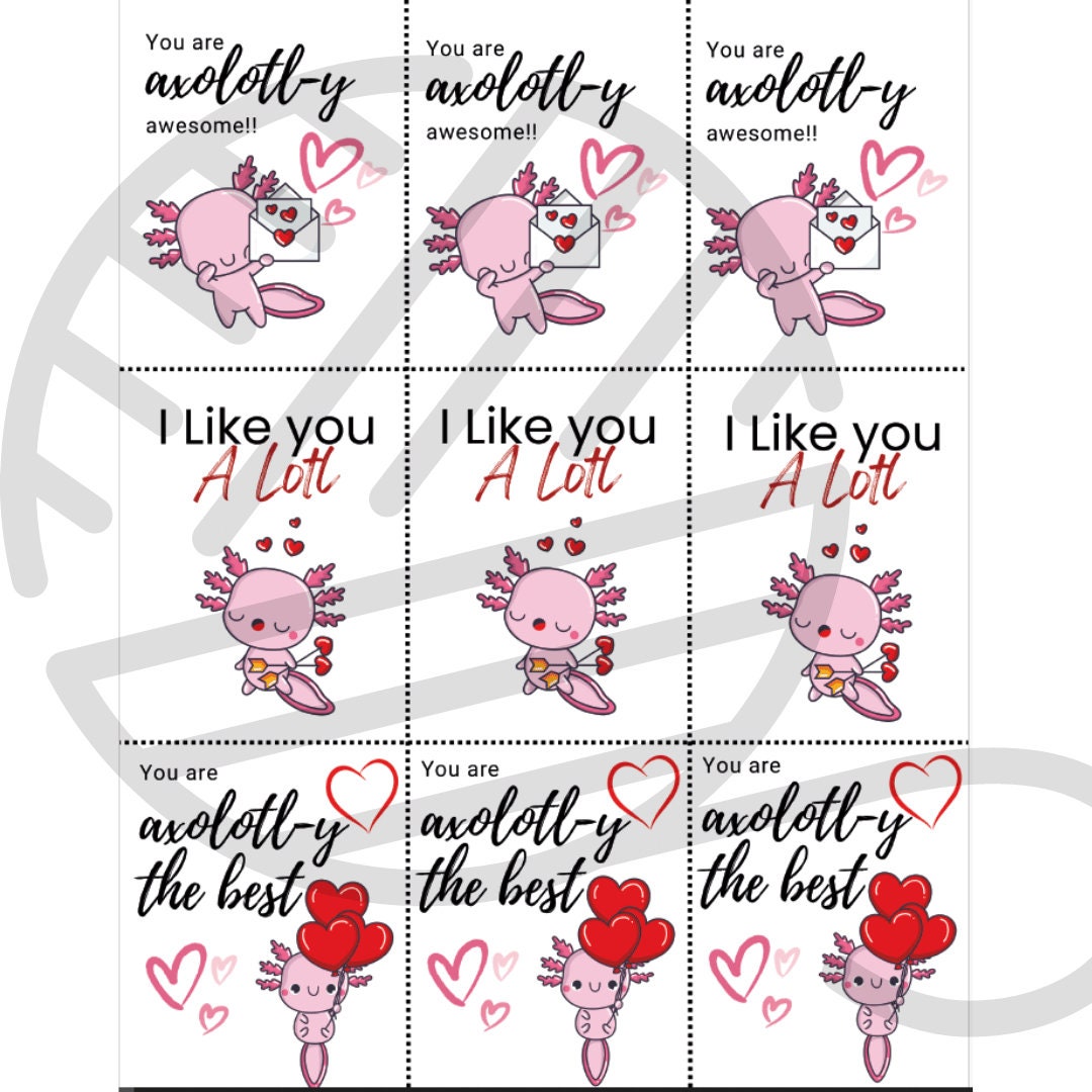 Printable Axolotl Valentine Cards Axolotl Valentines Digital Axolotl ...
