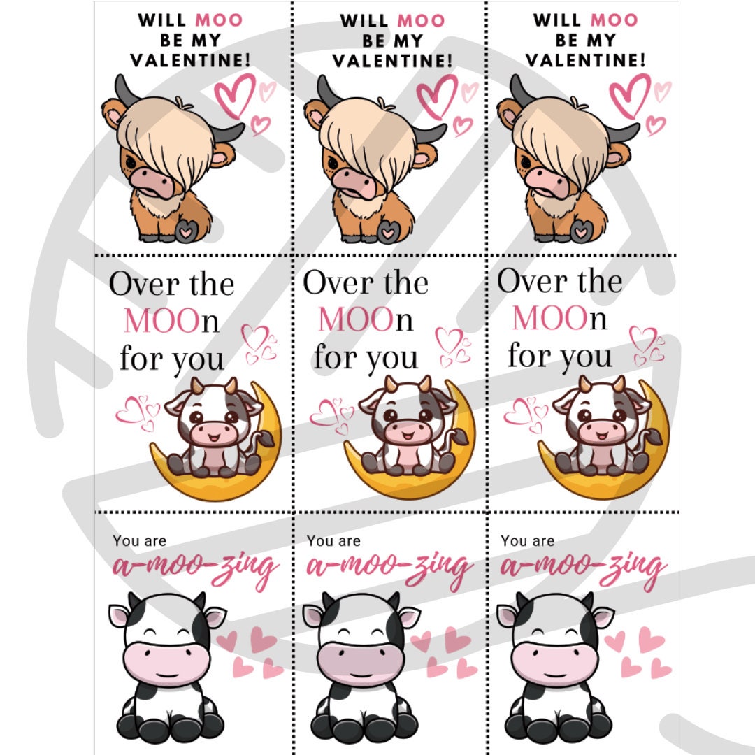 Printable Cow Valentine Cards Cow Valentines Digital Cow Valentine ...