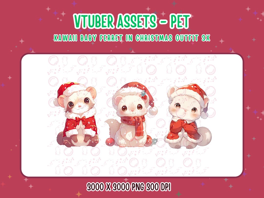 Vtuber Assets,vtuber Pet,3x Kawaii Baby Ferret in Christmas Outfit,digital Assets,stream ...