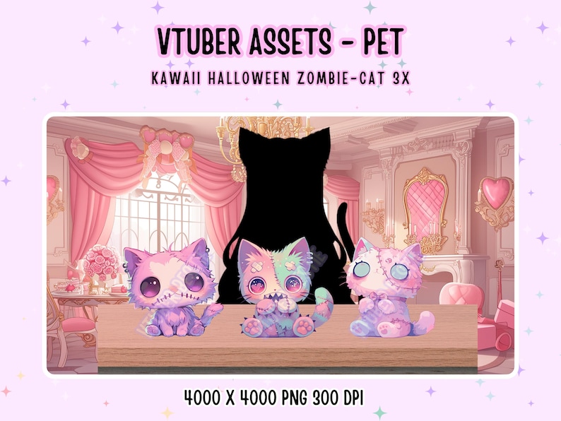 Vtuber Assets, Vtuber Pet ,3x Kawaii Halloween Zombie-cat for Vtuber ...