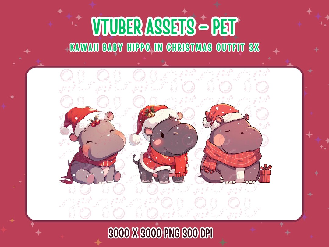 Vtuber Assets,vtuber Pet,3x Kawaii Baby Hippo in Christmas Outfit ...