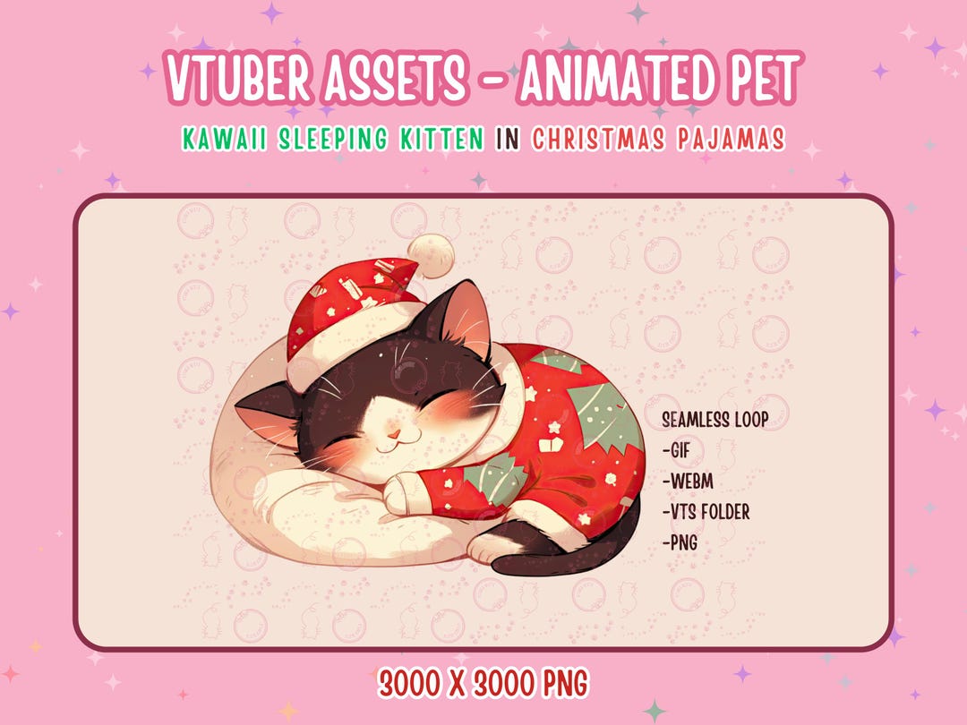 Animated Stream Pet,1x Kawaii Sleeping Kitten in Christmas Pajamas ...
