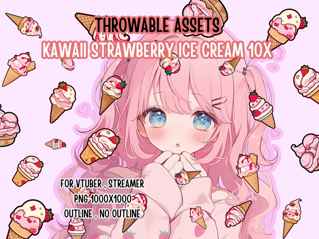 Throwable Assets Kawaii Strawberry Ice Cream 10x,2d Digital Assets,stream Decoration,cute ...