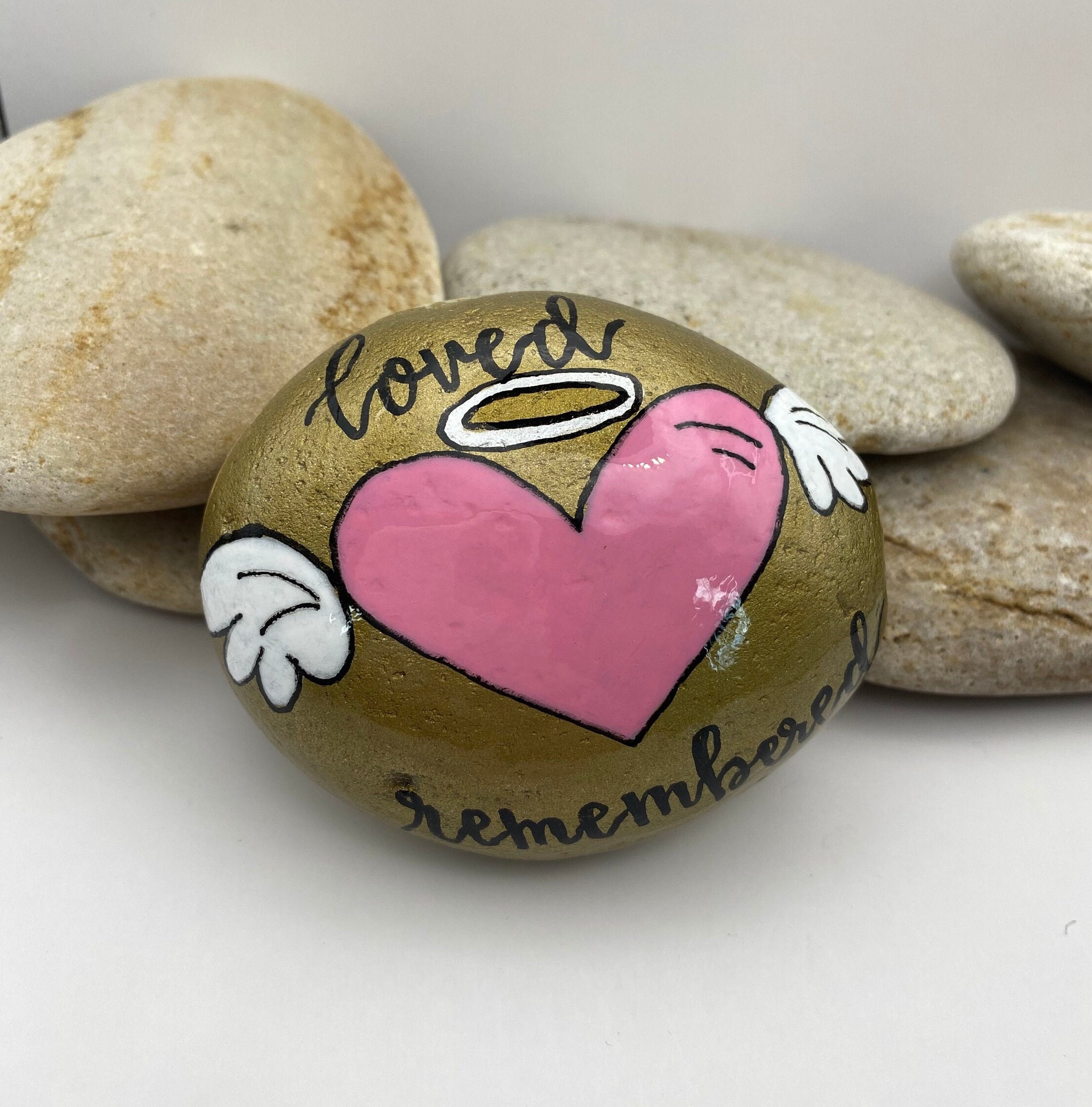 Loved and Remembered Memorial Rock, Heart With Angel Wings Rock, Rock ...