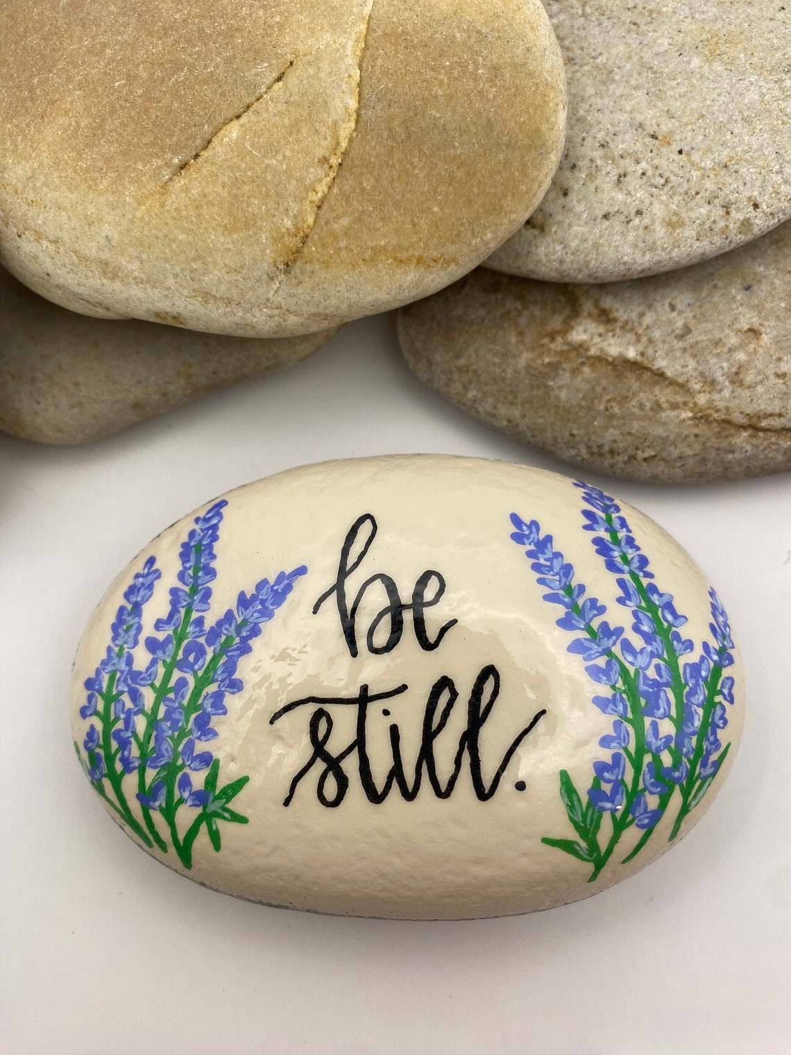 Be Still Hand Painted Rock, Lupine Painted Rock, Bible Verse Rock ...