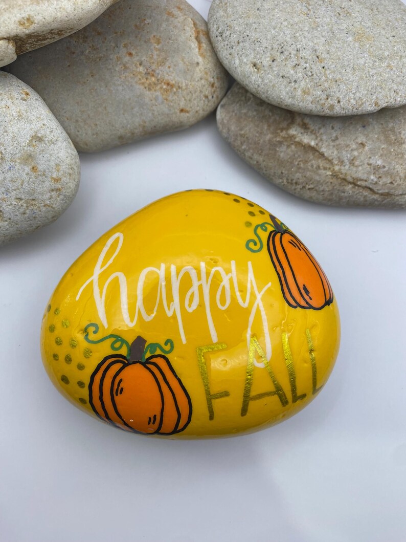 Happy Fall Painted Rock, Fall Decor Rock, Fall Porch Rock, Hand Painted ...