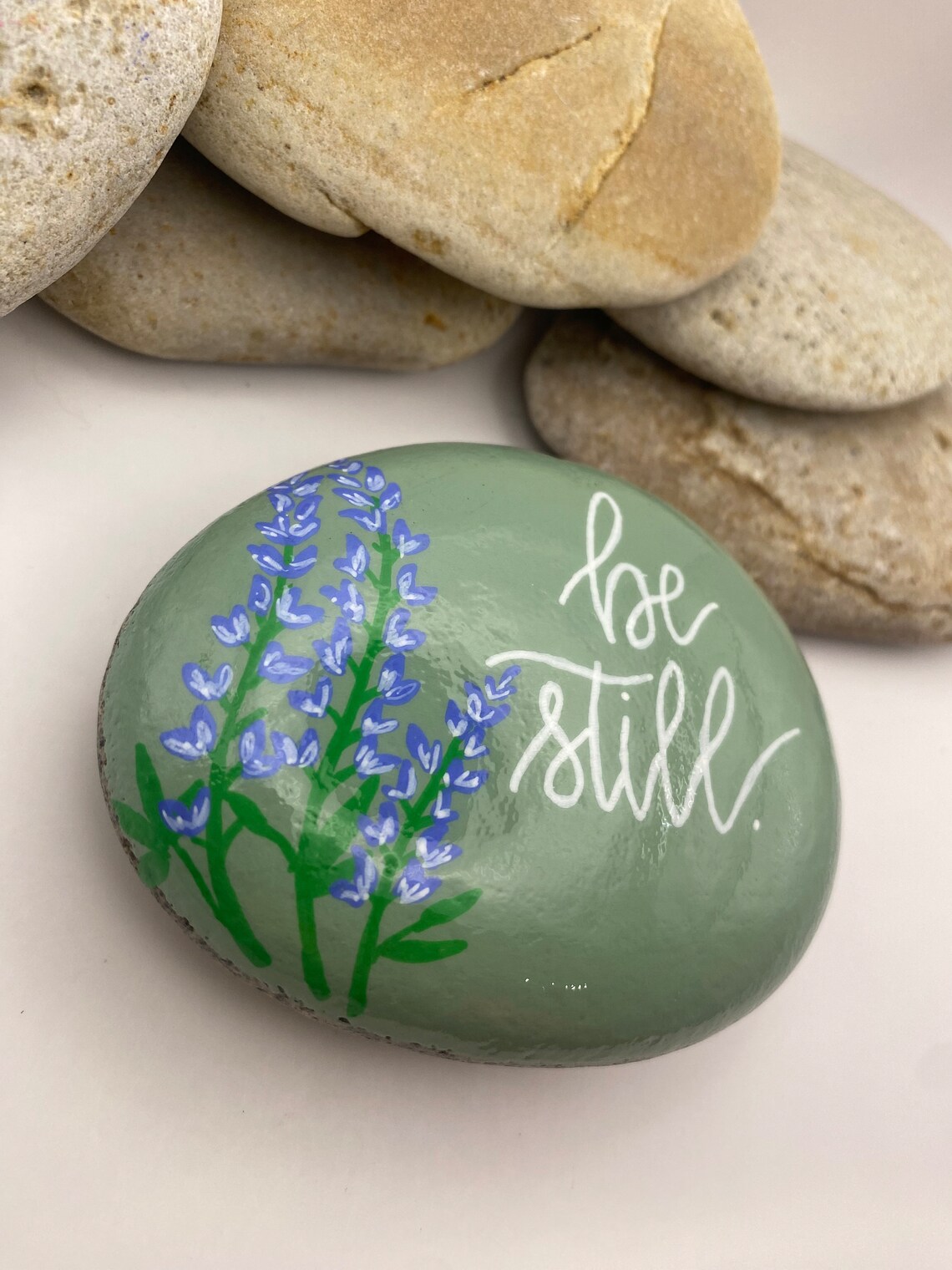 Be Still Hand Painted Rock, Lupine Painted Rock, Bible Verse Rock ...