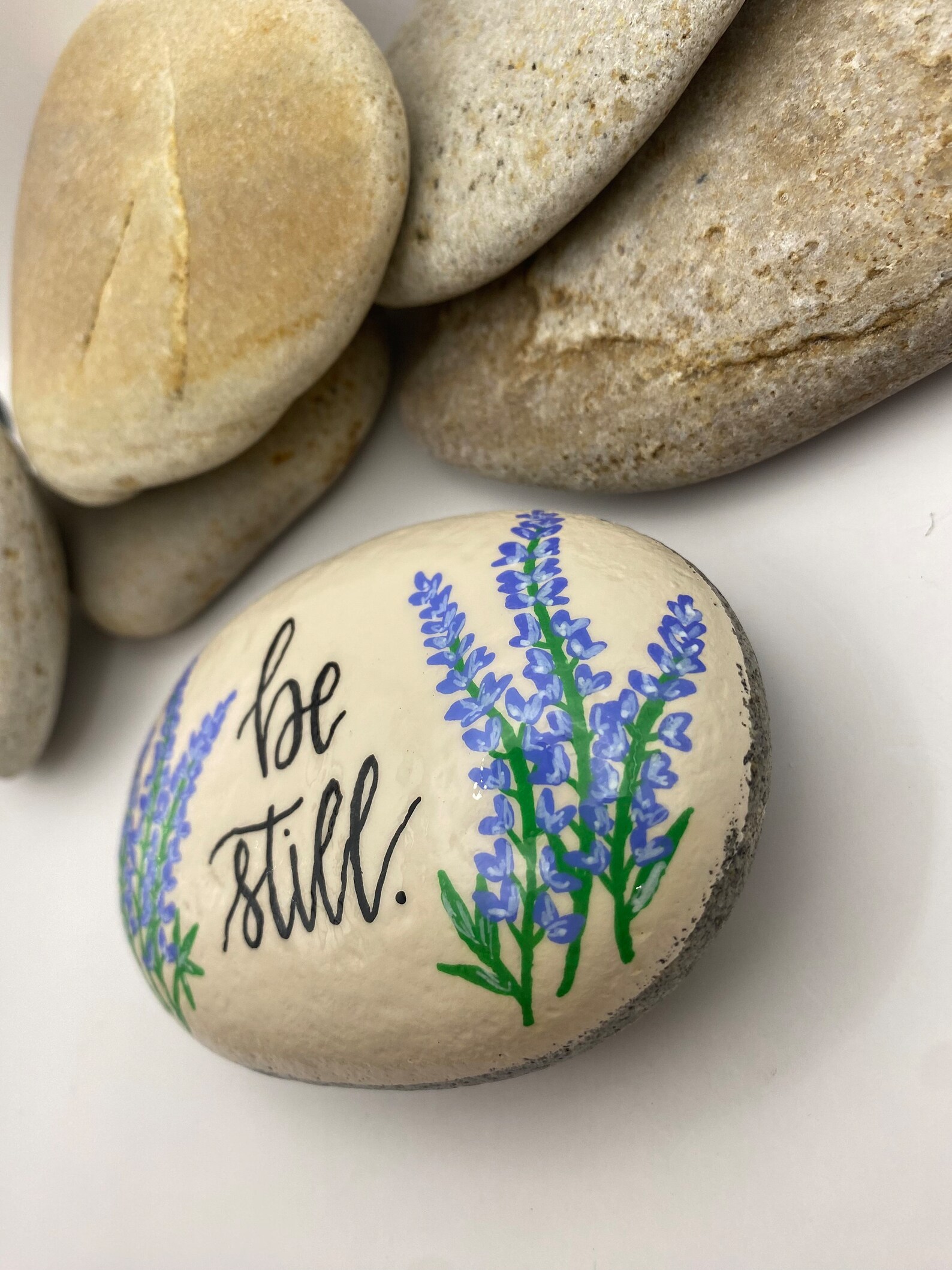Be Still Hand Painted Rock, Lupine Painted Rock, Bible Verse Rock ...
