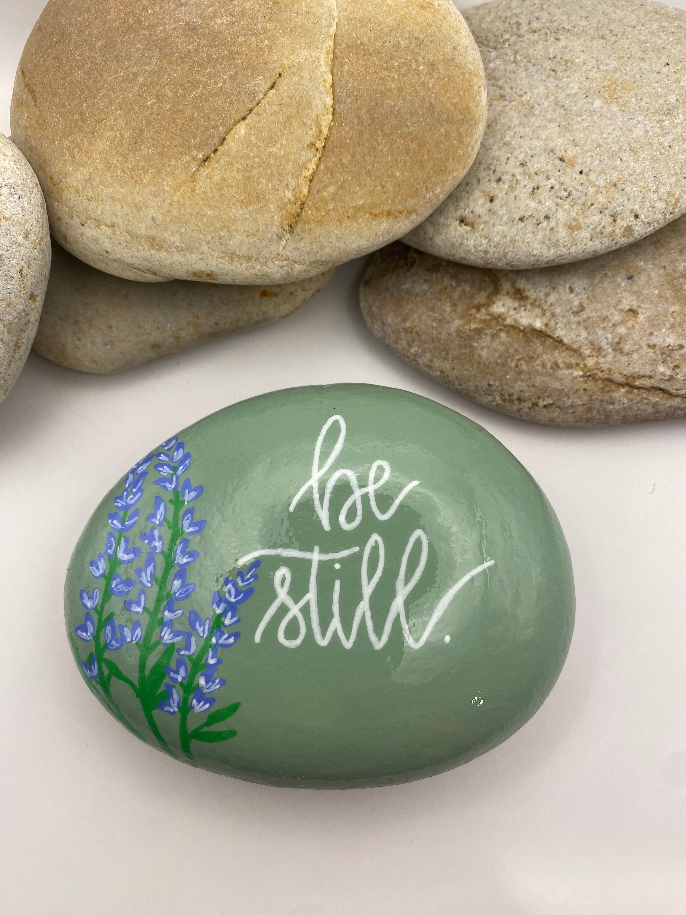 Be Still Hand Painted Rock, Lupine Painted Rock, Bible Verse Rock ...