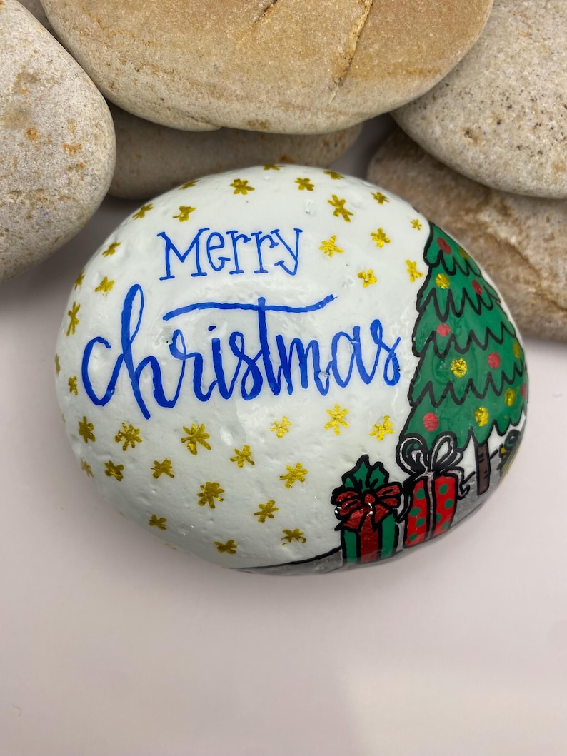 Merry Christmas Painted Rock, Christmas Decor Rock, Porch Rock, Hand ...
