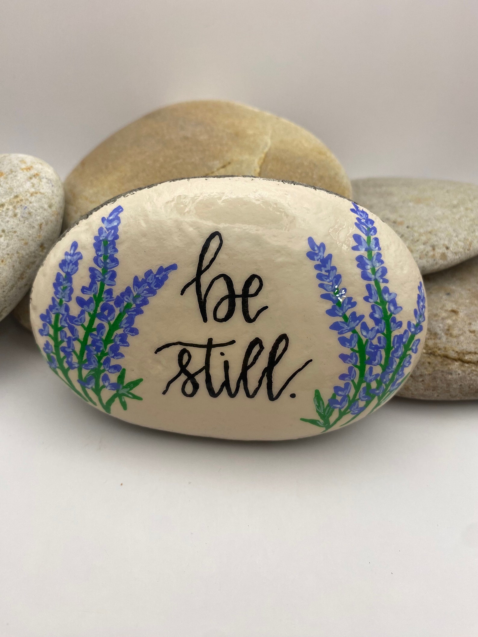 Be Still Hand Painted Rock, Lupine Painted Rock, Bible Verse Rock ...
