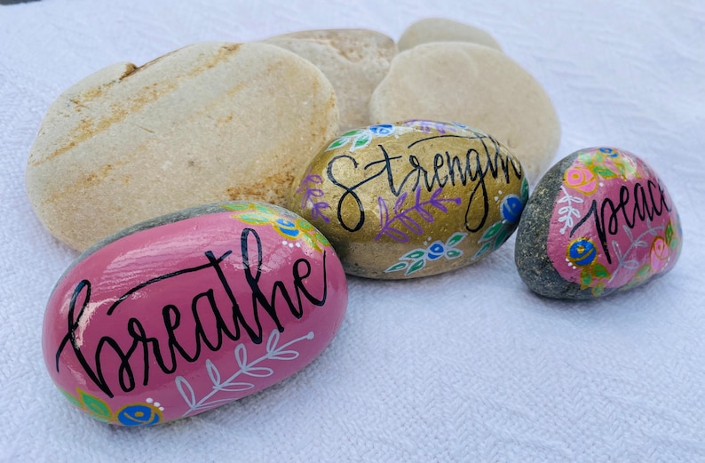 Peace, Strength, Breathe Painted Rock Set, Inspirational Rocks, Gift ...