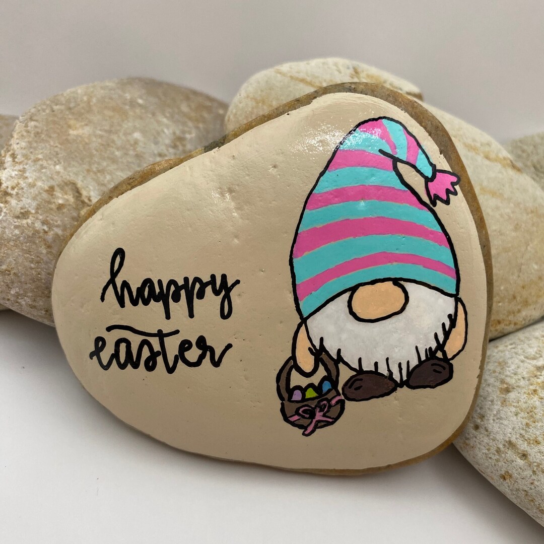 Happy Easter Painted Rock, Easter Rock, Gnome Painted Rock, Easter ...