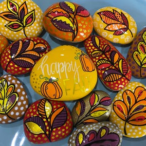 Fall Leaves Painted Rock, Fall Decor Rock, Fall Porch Rock, Leaves ...