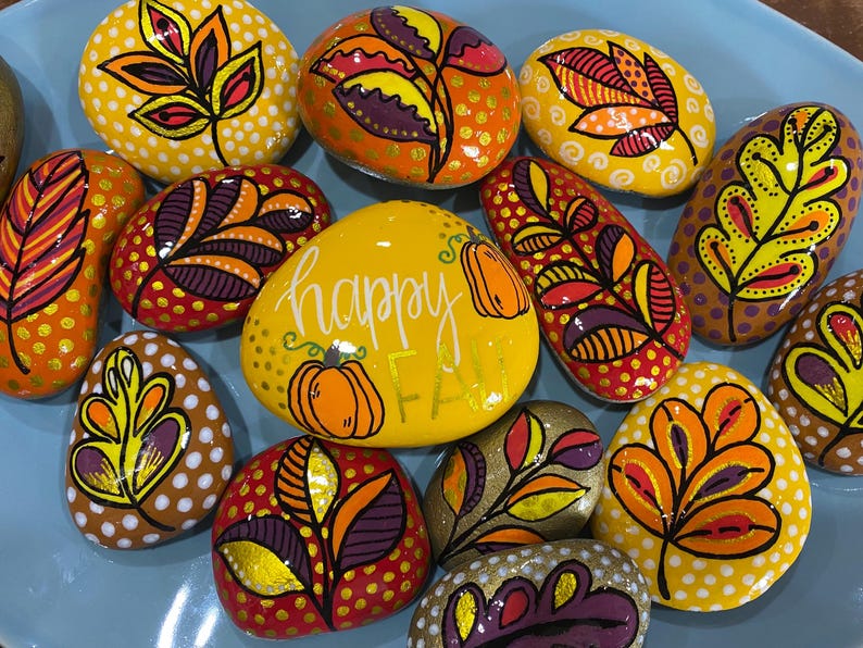 Fall Leaves Painted Rock, Fall Decor Rock, Fall Porch Rock, Leaves ...