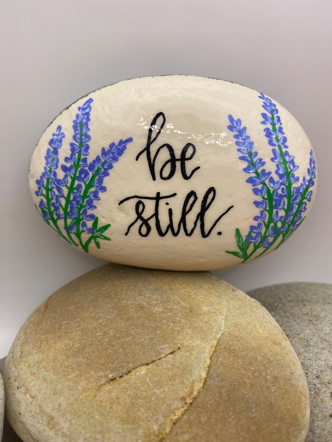 Be Still Hand Painted Rock, Lupine Painted Rock, Bible Verse Rock ...