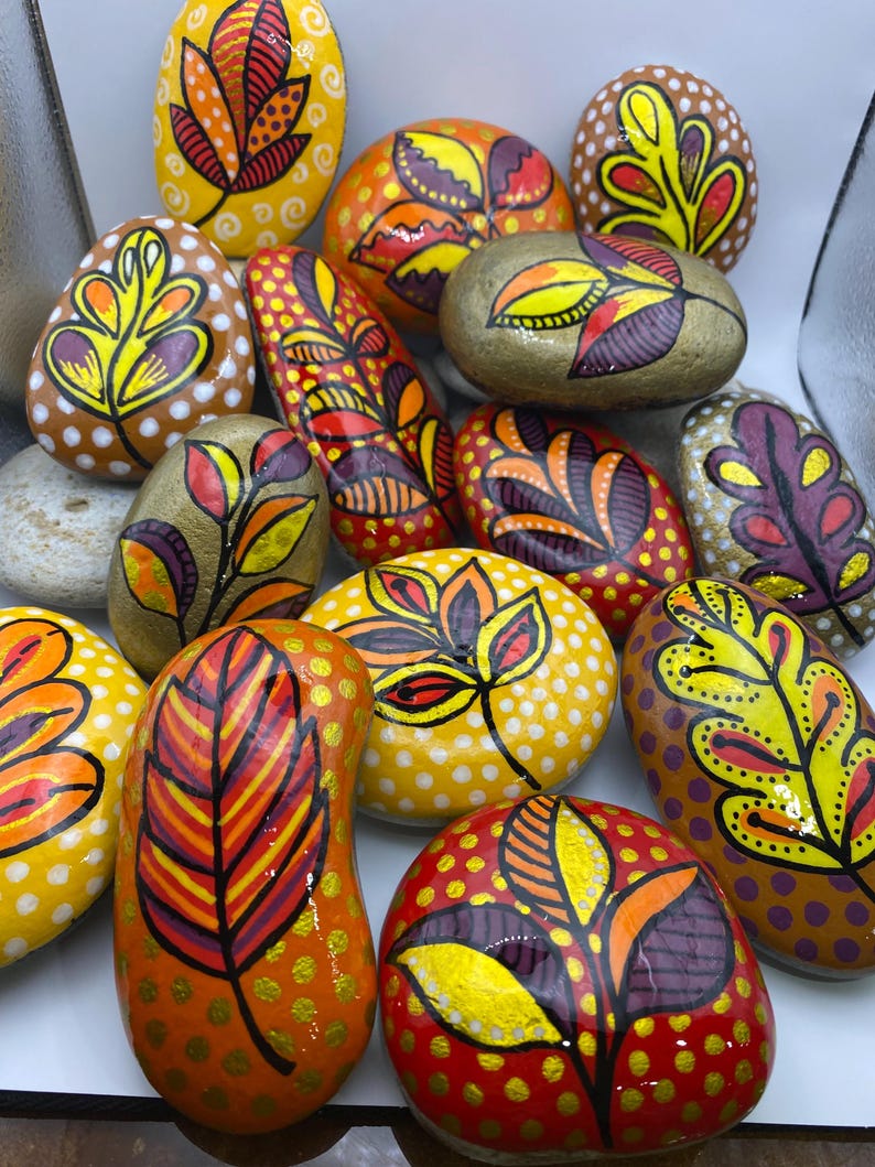 Fall Leaves Painted Rock, Fall Decor Rock, Fall Porch Rock, Leaves ...