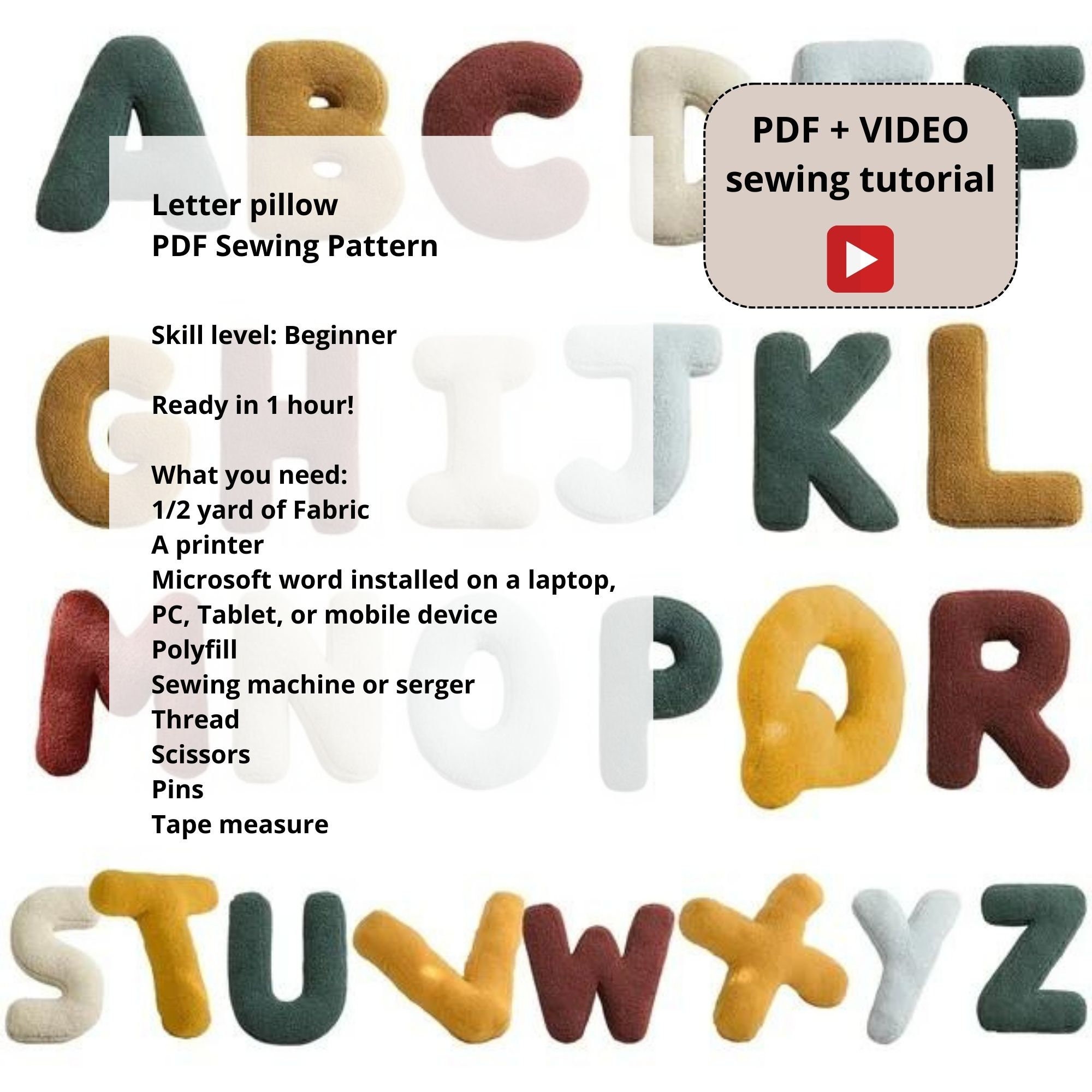 Letter Pillow PDF Sewing Tutorial With Video, DIY Letter Cushion, PDF ...