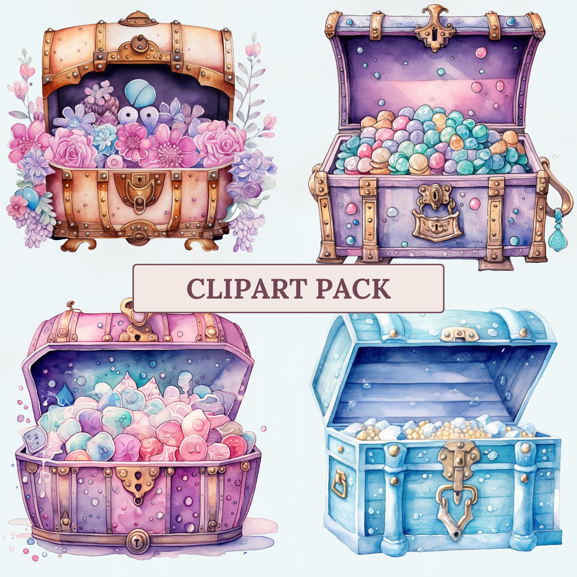 Vintage Treasure Chest Clipart, Watercolor Open Treasure Chest With ...