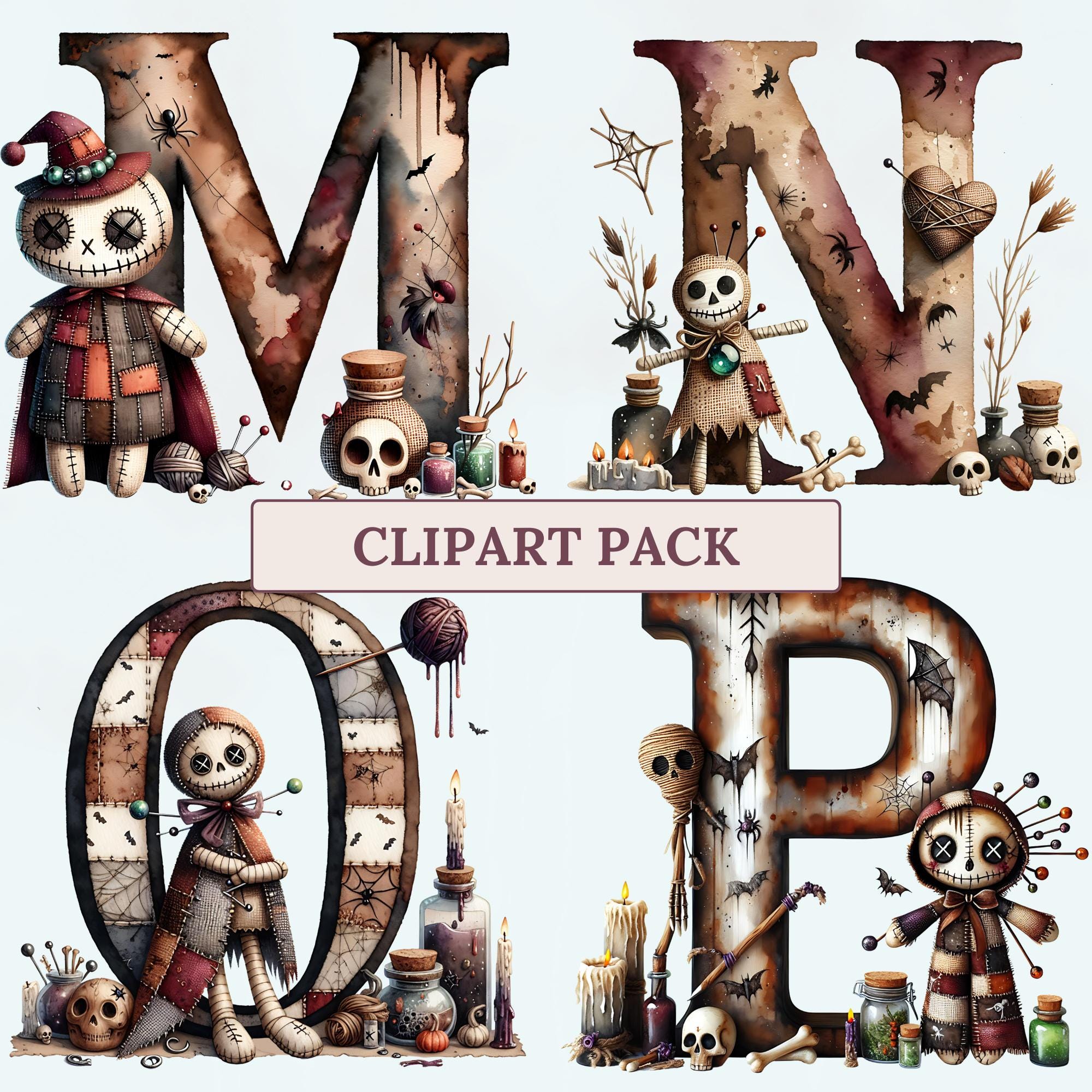 Voodoo Doll Alphabet Clipart, Halloween Letters, Gothic Font Digital ...